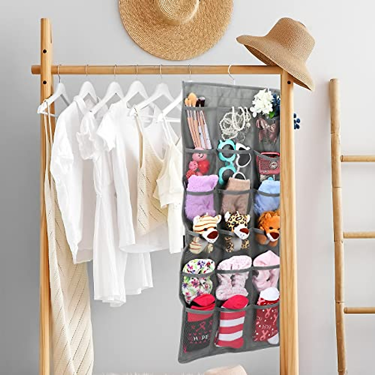 Tatuo 6 Pcs Enlarged Closet Hanging Bra Organizer with Mesh Pockets Dual Sided Wall Closet with Metal Hook Bra Underwear Socks Storage Shelf Wardrobe Space Saver, 6+18 Pockets (Gray, X-Large)