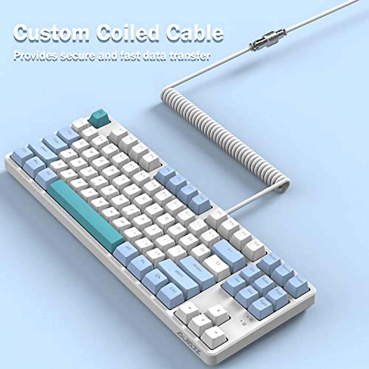 A.JAZZ AK873 Wired 87 Key TKL Retro Color Mechanical Gaming Keyboard with Rainbow Backlit Hot-swap Tactile Blue Switch NKRO Gasket Ergonomic Custom Coiled Aviator C to A Cable for Win/Mac(Blue White)