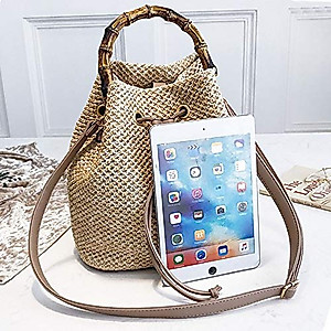 Women's Bucket Drawstring Handbag Straw Shoulder Bag Bamboo Tote Crossbody Bag Beach Bag