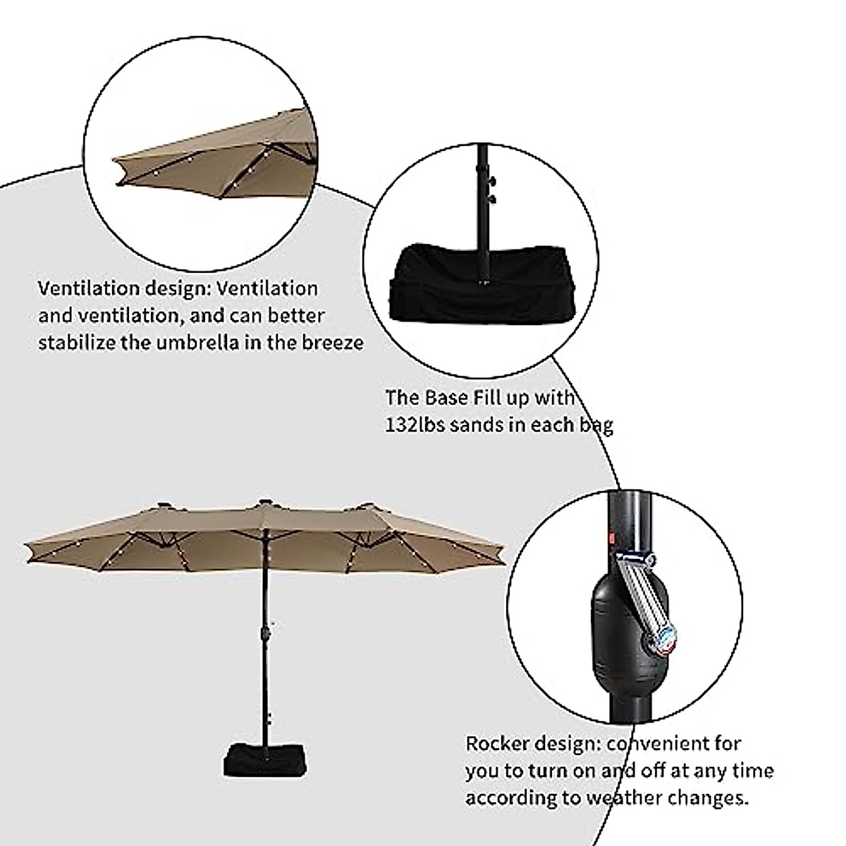 Boyel Living 15ft Patio Umbrella with Base Included with 36 Led Lights Outdoor Patio Table Umbrella, Outdoor Market Extra Large Umbrella, Pool Umbrella For Deck, Pool, Garden, Lawn-Brown