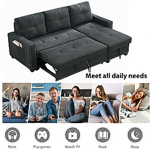 BIADNBZ 82" Modern Sleeper Sectional Sofa Bed with Reversible Storage Chaise Lounge，3-Seater Upholstered Couch with Side Pockets for Living Room Apartment,Pull-Out Design, Black