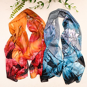 Xtinmee 12 Pcs Lotus Scarfs for Women Lightweight Print Floral Pattern Scarf Fashion Silk Chiffon Shawl Summer Gifts