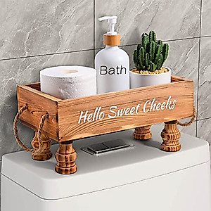 BS-VOG Bathroom Decor Box, Raised Wood Toilet Tank Basket for Toilet Paper with Funny Signs on 2 Sides for Back of Toilet, Farmhouse Tank Topper Storage Organizer Tray for Rustic Home Decor (Brown)