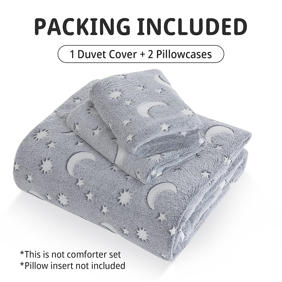 HOMBYS Glow in The Dark Duvet Cover Set for Kids Full/Queen Size, 3 Pieces Grey Soft Velvet Bedding Comforter Cover with Glowing Stars for Boys Girls Bedroom (1 Duvet Cover, 2 Matching Pillow Cases)