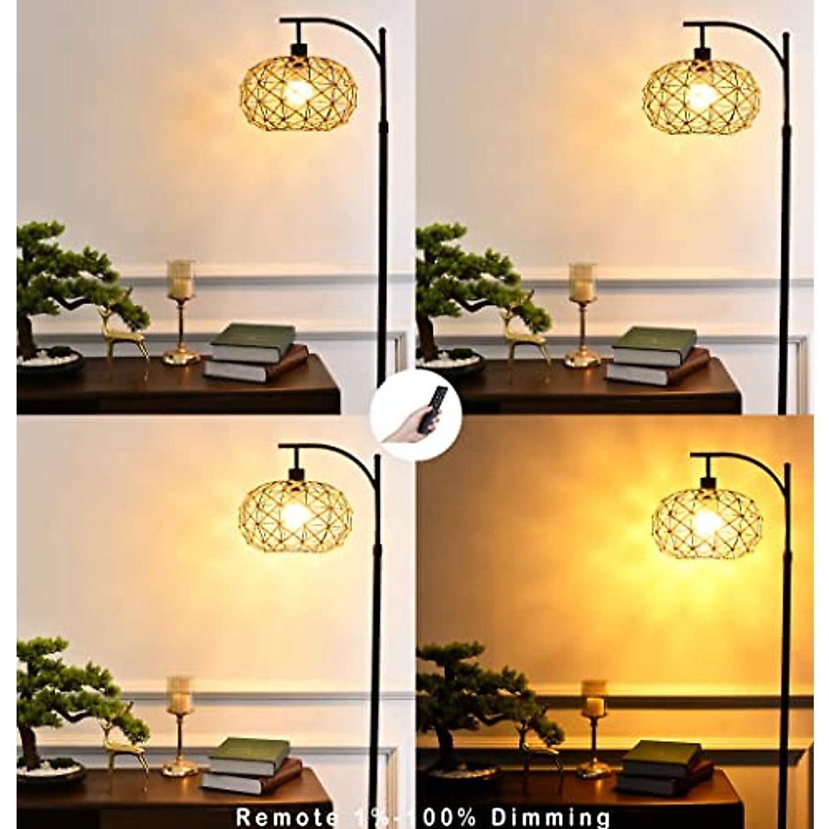 QIYIZM Rattan Floor Lamp with Remote for Living Room Bedroom Farmhouse Boho Dimmable Arc Standing Lamp Industrial Rustic Floor Light Adjustable Black Tall Lamp Corner Hand-Worked Wicker Lamp Shades