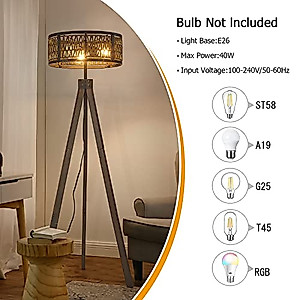 Zhizenl Wood Tripod Floor Lamp, Mid Century Standing Lamp with Rattan Lampshade, 40W E26 Farmhouse Modern Floor Lamp for Living Room, Bedroom, Study, Office