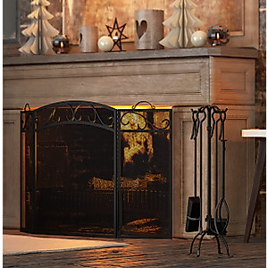 Fire Beauty Fireplace Screen 3 Panel with Handles Wrought Iron 51"(L) x31(H) Spark Guard Cover(Black)