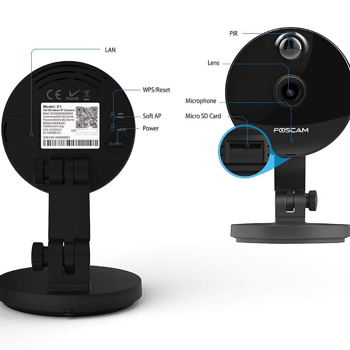 Foscam C1 HD 720P WiFi Security IP Camera with iOS/Android App, Super Wide 115° Viewing Angle, Night Vision Up to 26ft, PIR Motion Detection