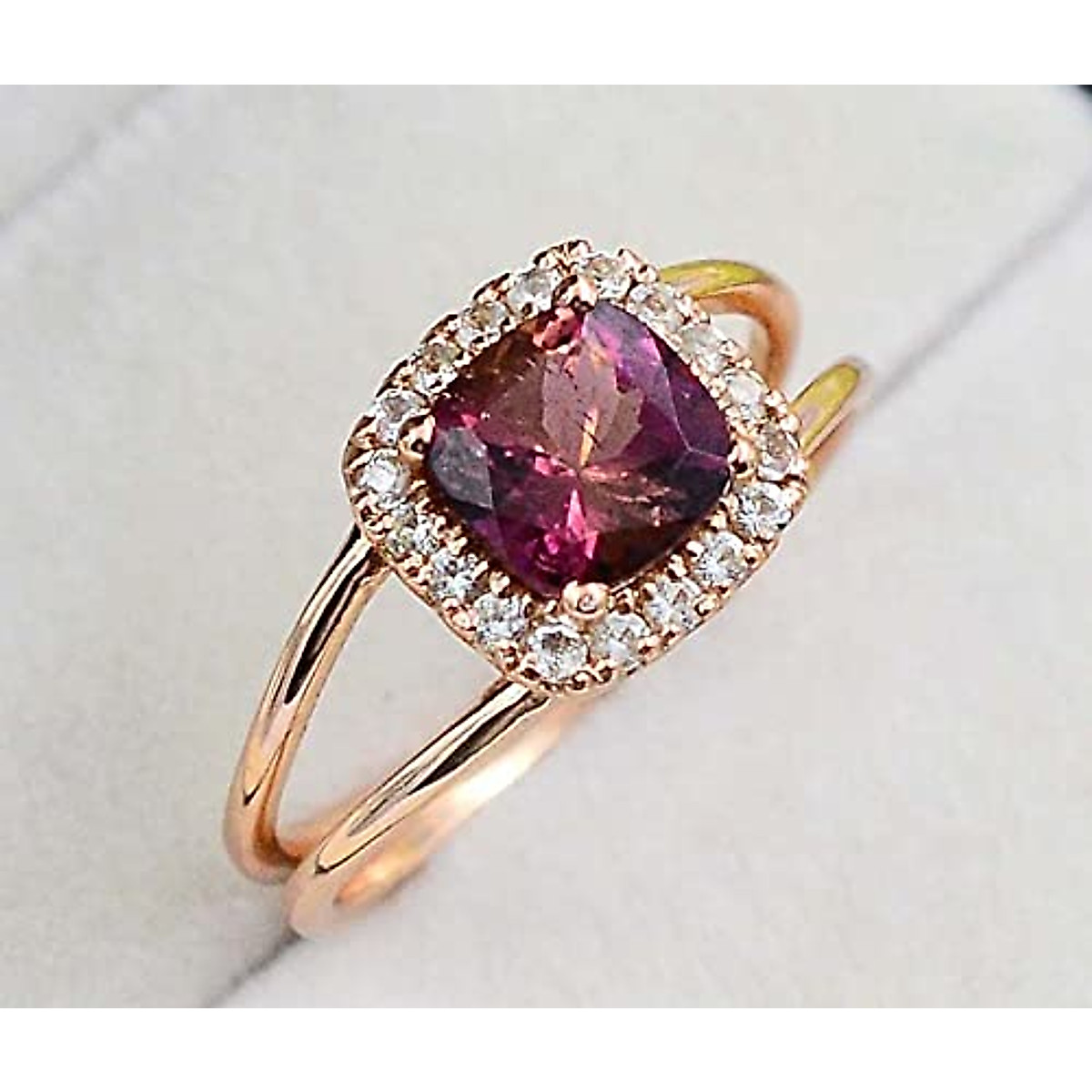 Natural Pink Tourmaline 7 MM Cushion Cut Gemstone 925 Sterling Silver October Birthstone Solitaire Unisex Ring For Christmas Gift (Rose Gold Rhodium Plated Silver, 8.5)