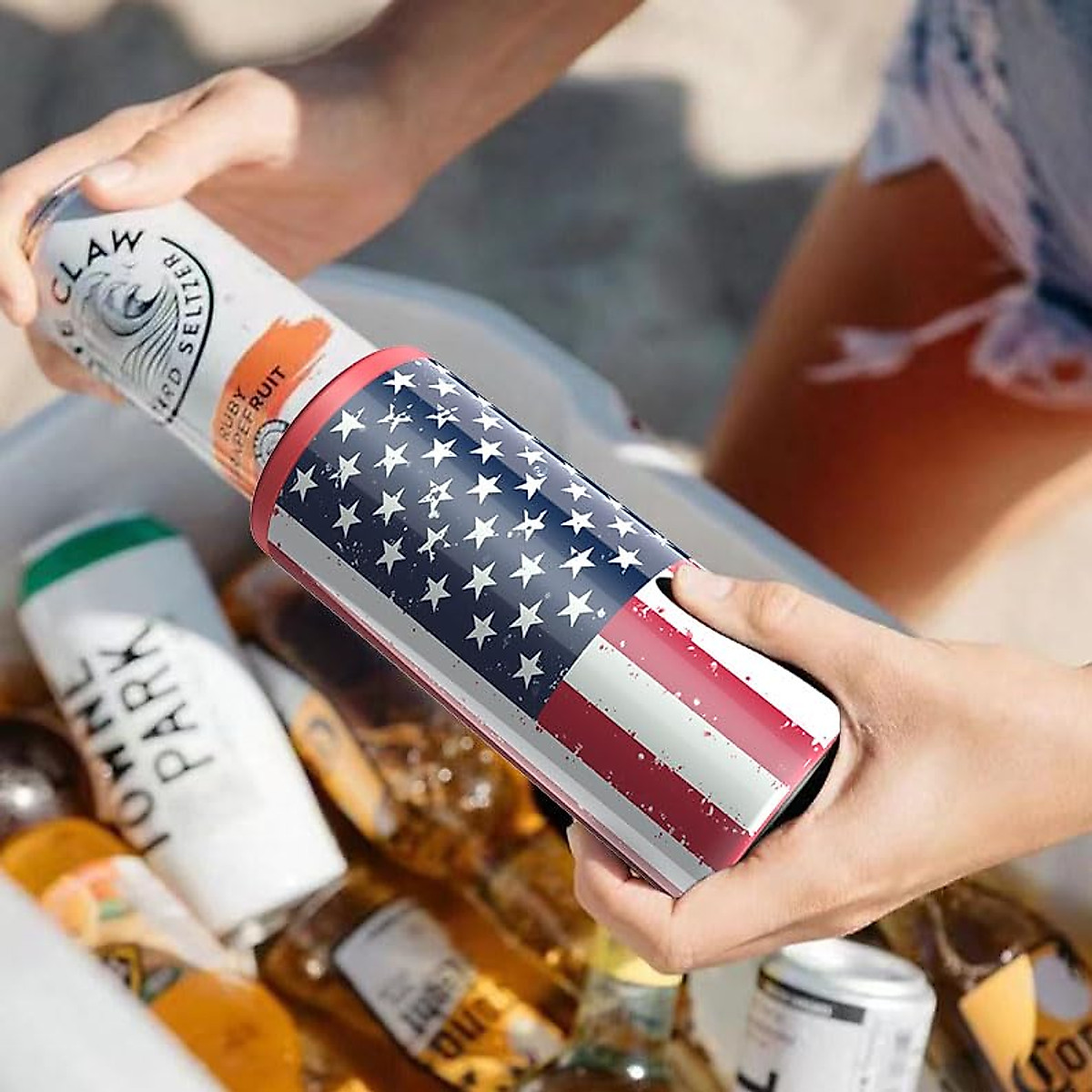 TILUCK Skinny Can Cooler for Slim Beer & Hard Seltzer, Stainless Steel, Doucle-Walled Stainless Steel Insulated Slim Cans, Standard 12 oz (U.S. Flag-01)