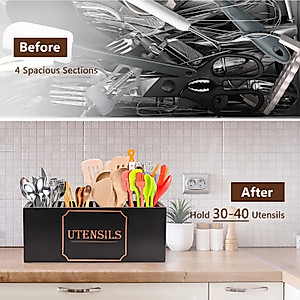 Yumkfoi 2 Pack Extra Large Utensil Holder with 4 Compartments, Wooden Farmhouse Utensil Organizer for Kitchen Counter Rustic Cooking Utensil Crock Countertop Utensil Caddy Spatula Holder (White&Black)