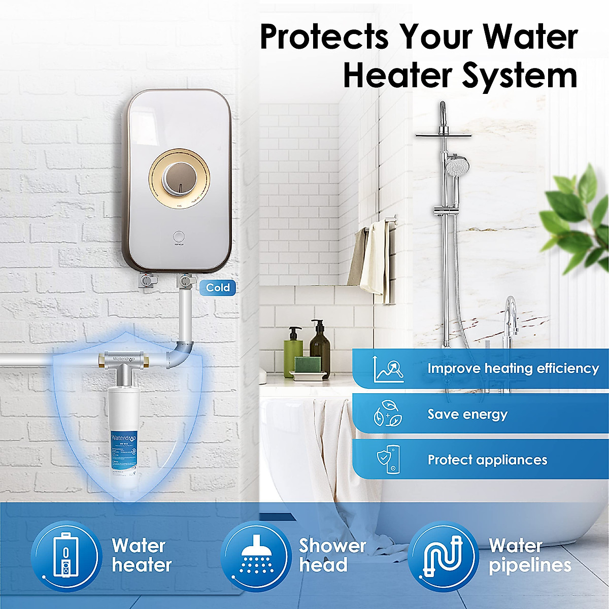 Waterdrop AP431 AP430SS Whole House Scale Inhibitor Filter, Heater Softener System, Prevent Scale Build Up On Hot Water Heaters, Pipes and Boilers
