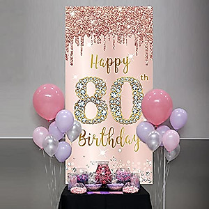 80th Birthday Door Banner Decorations for Women, Pink Rose Gold Happy 80th Birthday Door Cover Backdrop Party Supplies, Large 80 Year Old Birthday Poster Sign Decor