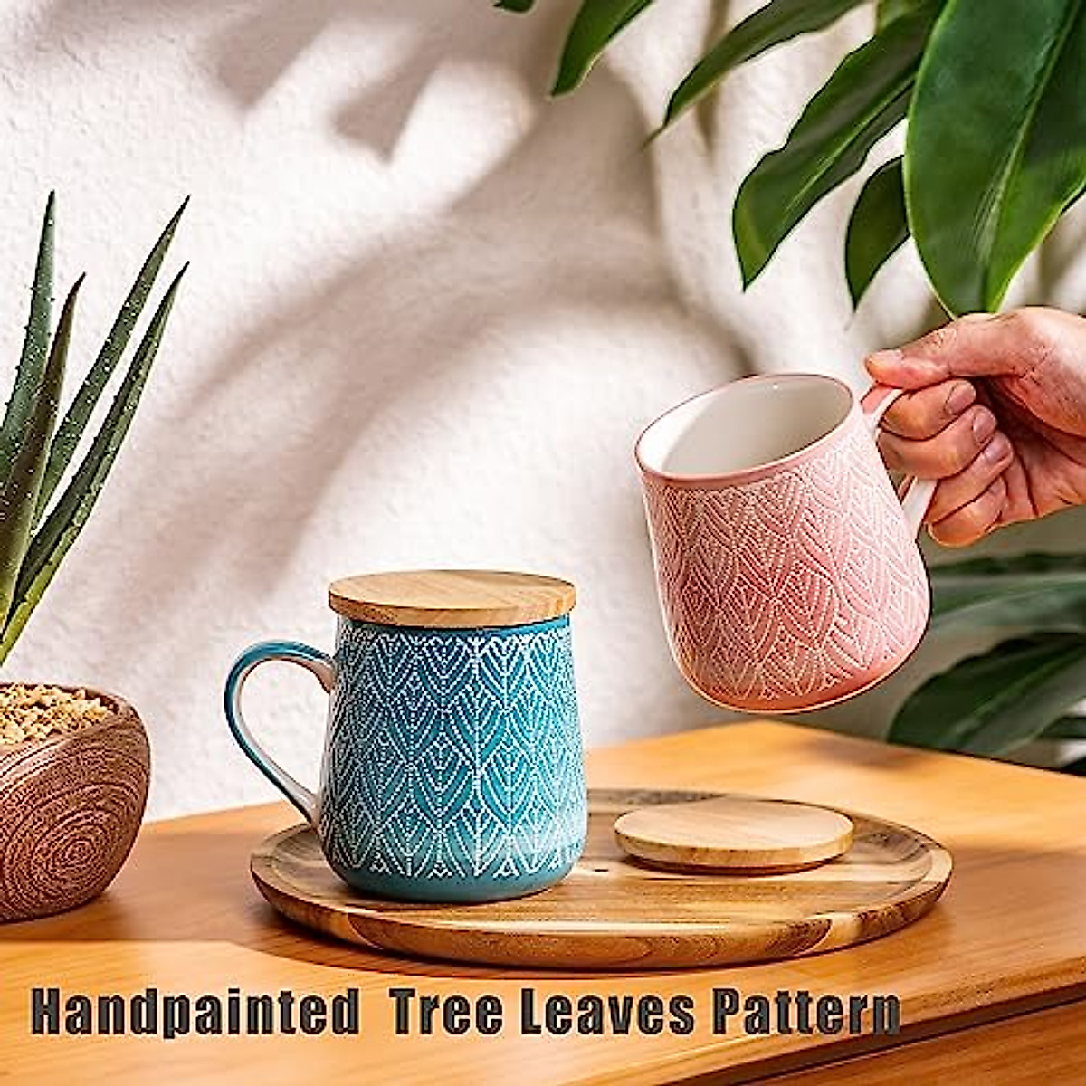 Taimei Teatime Coffee Mug with Lid Set of 2, 16.5 oz Ceramic Coffee Mugs with Handpainted Floral Pattern, Mugs Gift Set for Tea Lover, Woman and Couple, Microwave and Dishwasher Safe