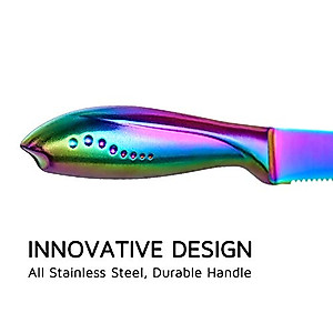 WELLSTAR Rainbow Serrated Steak Knife Set of 6, Razor Sharp German Steel Blade 4.75 inch and Comfortable Stainless Steel Hollow Handle with Titanium Coated Dinner Table Knives Set for Home Restaurant