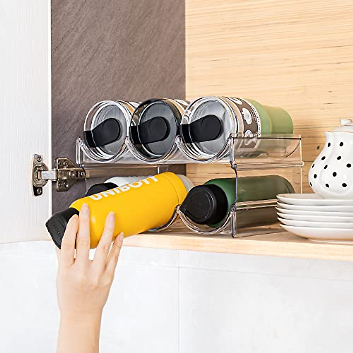 Puricon Stackable Water Bottle Organizer for Cabinet, Clear Bottle Storage Rack Plastic Bottle Holder for Insulated Sports Flask Kids Bottles Travel Mug Tumbler Organizer for Kitchen Pantry -2 Pack