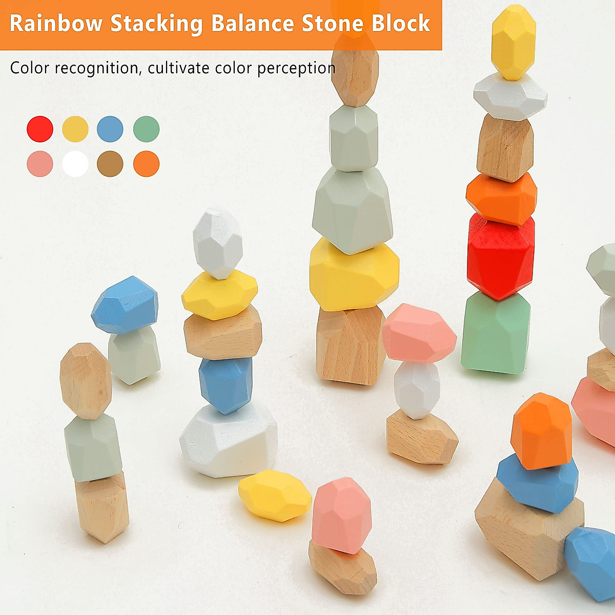 DORLETEM 36PCS Wooden Balancing Stacking Rocks Stones, Building Blocks Set, Montessori Educational Preschool Learning Sensory Toys Lightweight Sorting Wooden Blocks for Kids