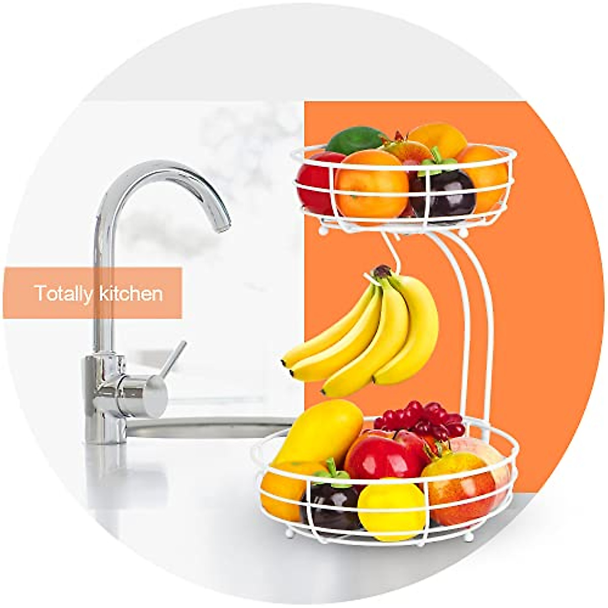 Kufutee 2-Tier Countertop Fruit Basket Bowl With Banana Hanger,White