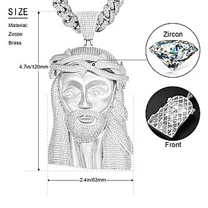 TUHE Oversize 3D Hip Hop Religious Jesus Head Pendant Necklace 18K Gold Plated AAA CZ Iced Out Chain Necklace for Men Women, Bling Bling Jewelry Charm Necklace with 24in Big Size Iced Out Cuban Chain…