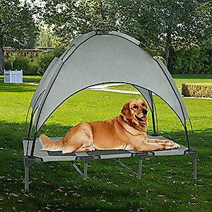 Outdoor Dog Bed with Canopy, Breathable Portable Elevated Dog Bed with Tent, Raised Cooling Dog Cots Beds for Large Dogs with Removable Sunshade Awning (Grey)