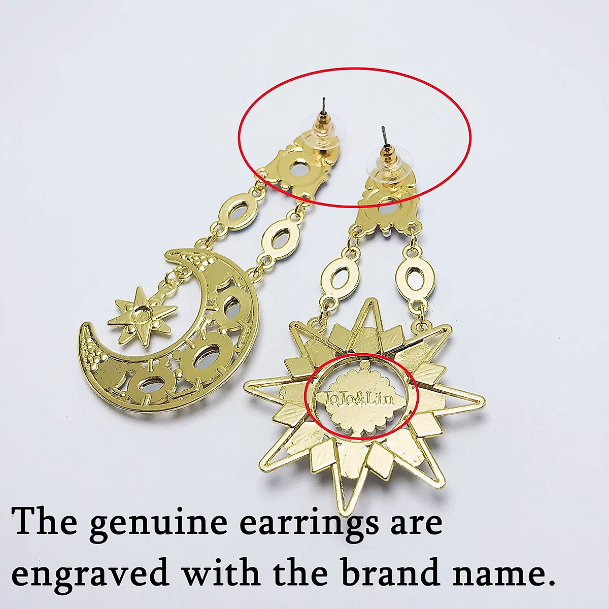 JOJO & LIN 18K Real Gold Plated Asymmetrical Earrings Sun Moon Star Statement Earrings for Women