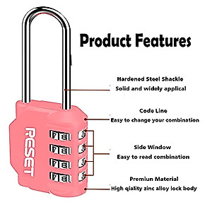 RESET-060 4 Digit Combination Padlock with 2.4 inch Long Shackle Combination Lock,Outdoor Waterproof Padlock,Indoor Padlock for School Locker Gym Locker Fence Gate Toolbox Pink