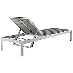 Modway Shore Aluminum Outdoor Patio Two Chaise Lounge Chair and Side End Table in Silver Gray
