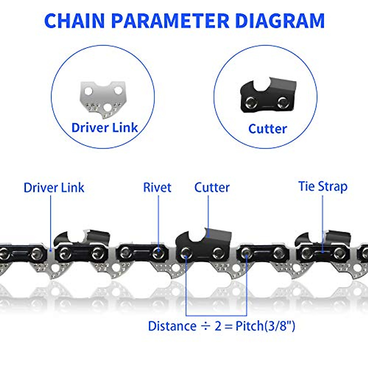 PANZHENG Chainsaw Chain for 12-Inch Bars, S44, 3/8" LP Pitch - .050" Gauge - 44 Drive Links, fits Oregon, Stihl, Husqvarna, Echo, Homelite, Poulan, Worx, Chicago（3-Pack）