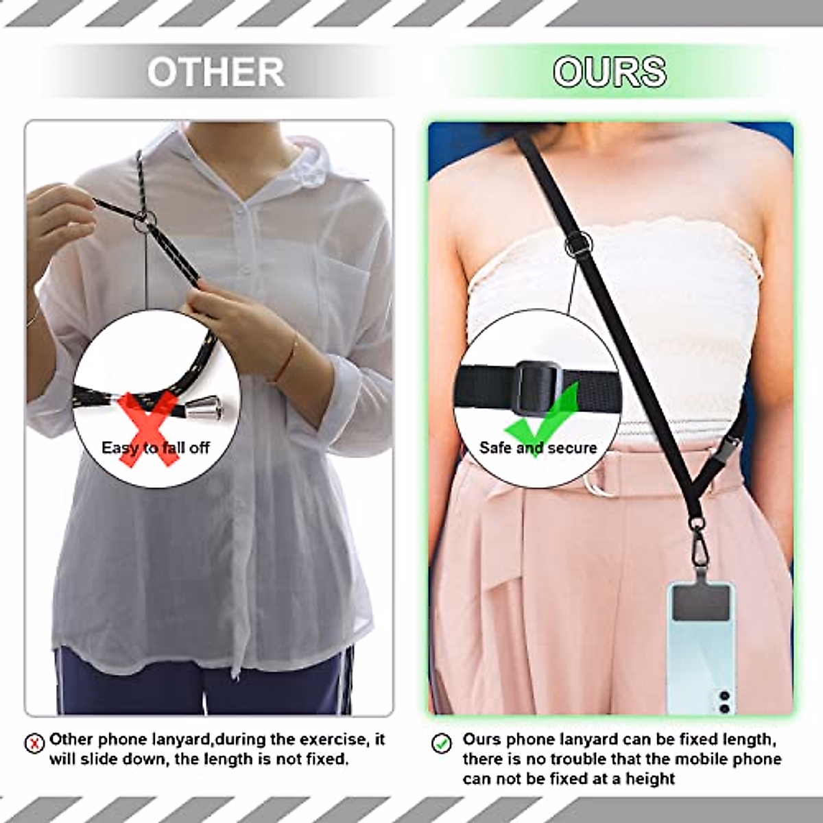 ROCONTRIP Phone Lanyard Universal Crossbody Cell Phone Lanyards Multifuctional Nylon Patch Adjustable Shoulder Neck Strap Compatible with Most Smartphones(Pure Black)