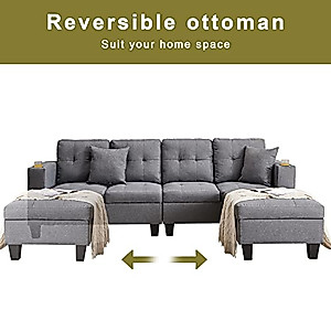 Unovivy 99" Sectional Couches for Living Room, L Shaped Removable Ottoman and Cup Holders, Convertible Sofas for Apartment, Gray