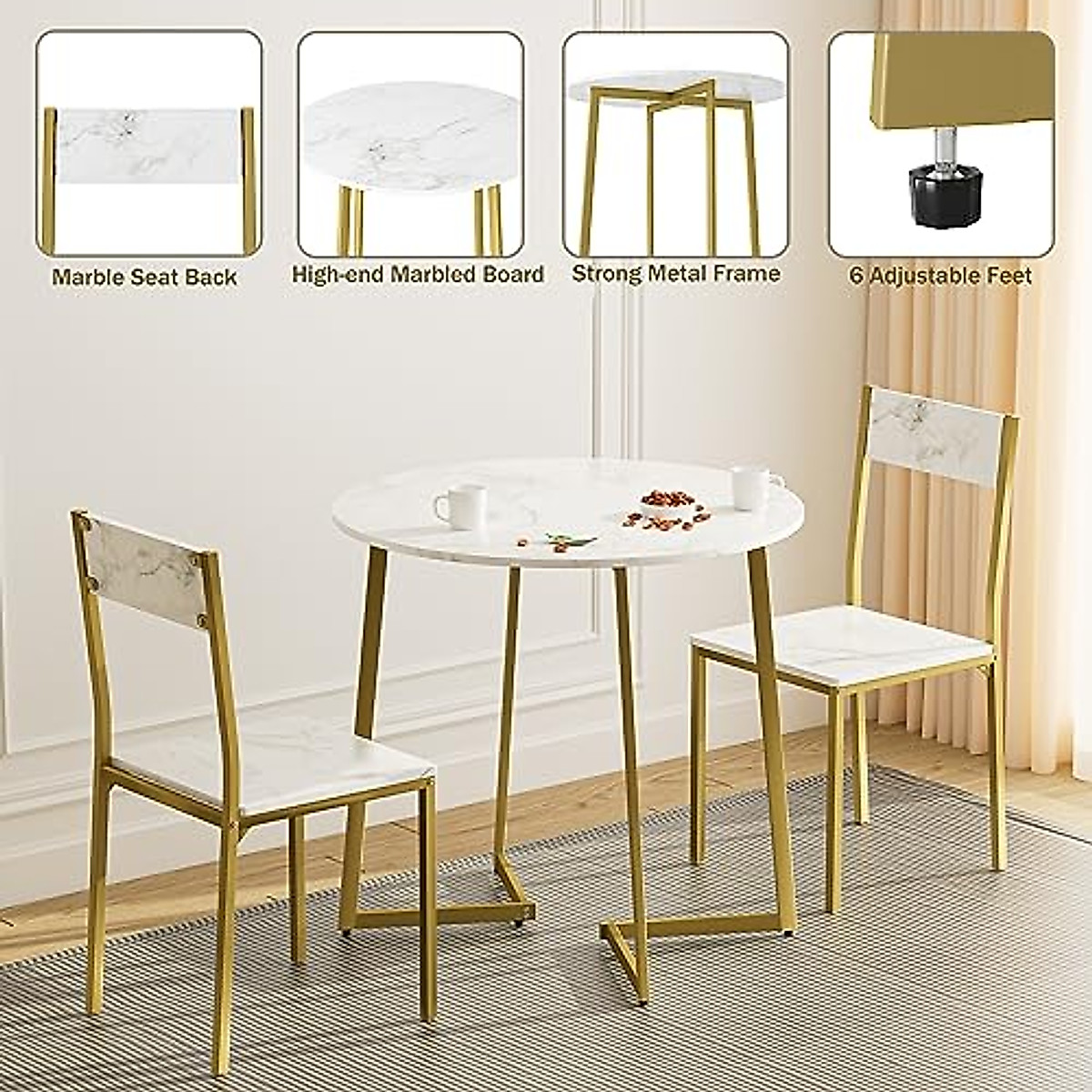 Masupu Small Round Dining Table Set for 2, Wood Marbled Tabletop with Steel Frame, Modern Dinette with Chairs for Kitchen Breakfast Nook Living Room, White and Gold