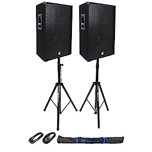 (2) Rockville RSG15 15 3-Way 1500 Watt 8-Ohm DJ PA Speaker +Stands +Cables