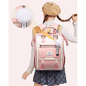 LOVEVOOK Laptop Backpack for Women,15.6 Inch College Backpack,Light Weight Travel Backpack Waterproof Casual Daypack Computer Backpack fits Travel Work Casual（15.6 inch,Pink&Beige）
