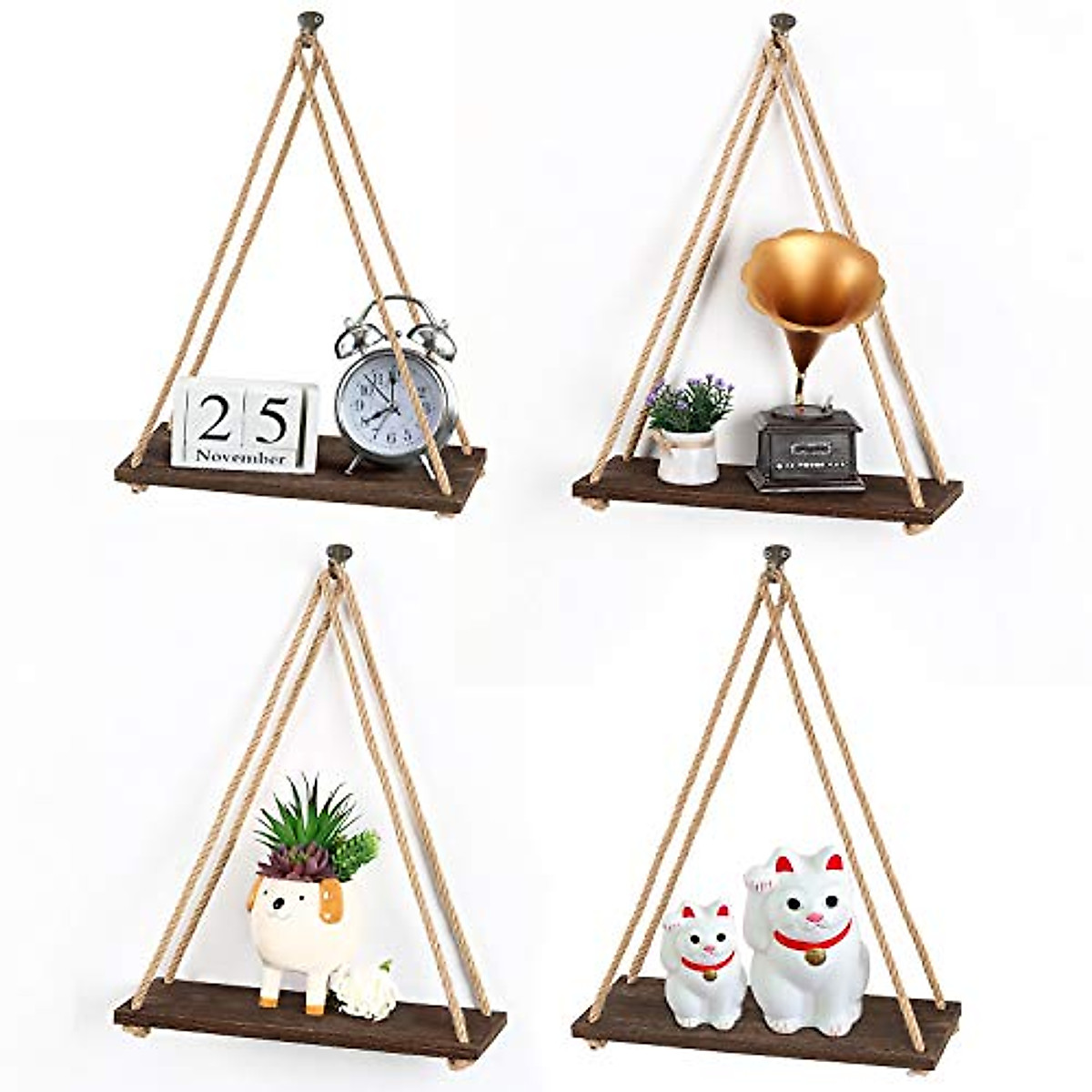 NANARDOSO Hanging Shelves for Wall, Rustic Hanging Plant Shelf Swing Rope Window Wood Floating Shelf for Bedroom Living Room Bathroom Kitchen, Set of 4