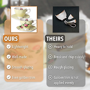 BTaT- Floral Tea Cups and Saucers, Set of 2, 8oz, with Gold Trim and Gift Box, Coffee Cups, Floral Tea Cup Set, British Tea Cups, Porcelain Tea Set, Tea Sets for Women