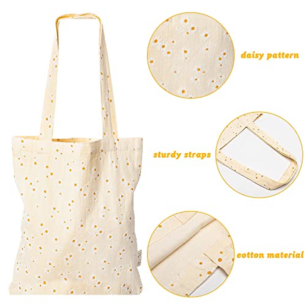 Haooryx Daisy Tote Bag Daisy Design Cotton Canvas Tote Bag for Women Students Cotton Shoulder Tote Bag Eco-friendly Tote Bag Bulk Reusable School Work Grocery Shopping Bag with Inner Pockets