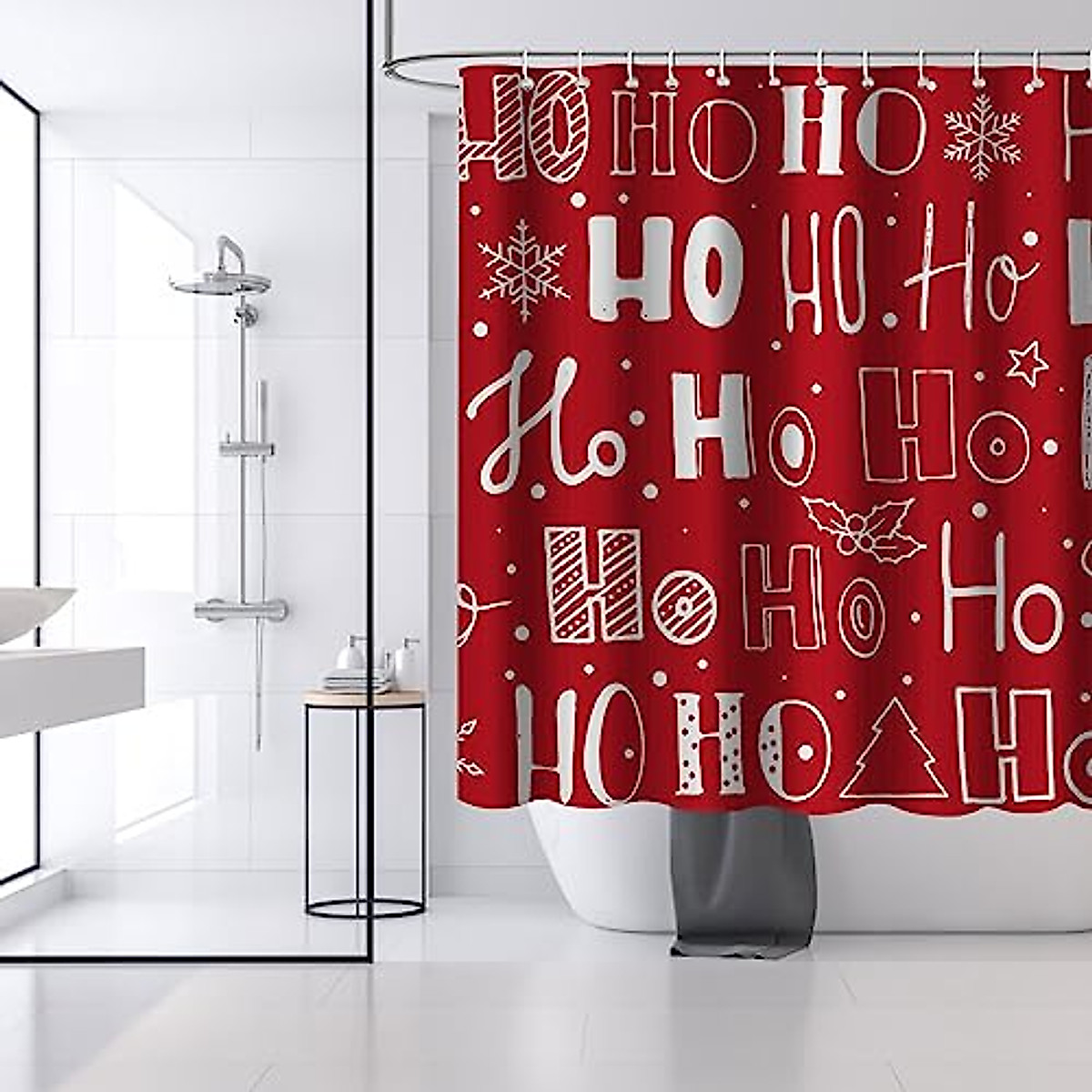 APROPHIC Funny Christmas Shower Curtain for Bathroom Decor Ho Ho Ho Snowflakes Xmas Winter New Year Holiday Red Waterproof Polyester Fabric Shower Curtain Set with 12 Hooks 72x 72 Inches
