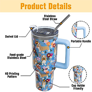 owbgsdh Basset Hound Gifts for Women Dog Lovers 40 oz Floral Basset Hound Tumblers with Handle and Straw, Stainless Steel Vacuum Insulated Travel Coffee Mug Cup Water Bottle