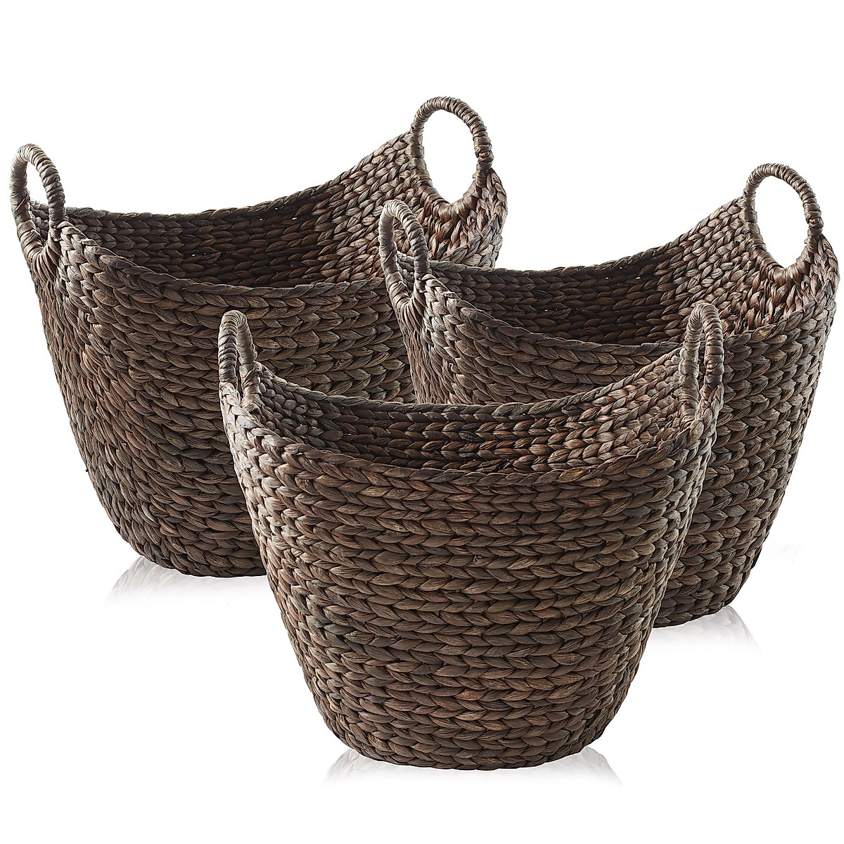 Casafield Set of 3 Multipurpose Boat Baskets with Handles - Espresso, Woven Water Hyacinth Storage Organizers for Throw Blankets, Bedroom, Living Room, Laundry