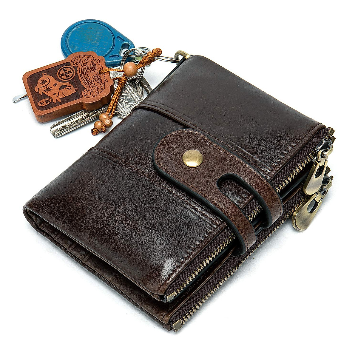 NIUCUNZH Genuine Leather Soft Bifold Rfid Wallets for Men Coin Purse Keychain Snap Zip Wallet with Chain Coffee