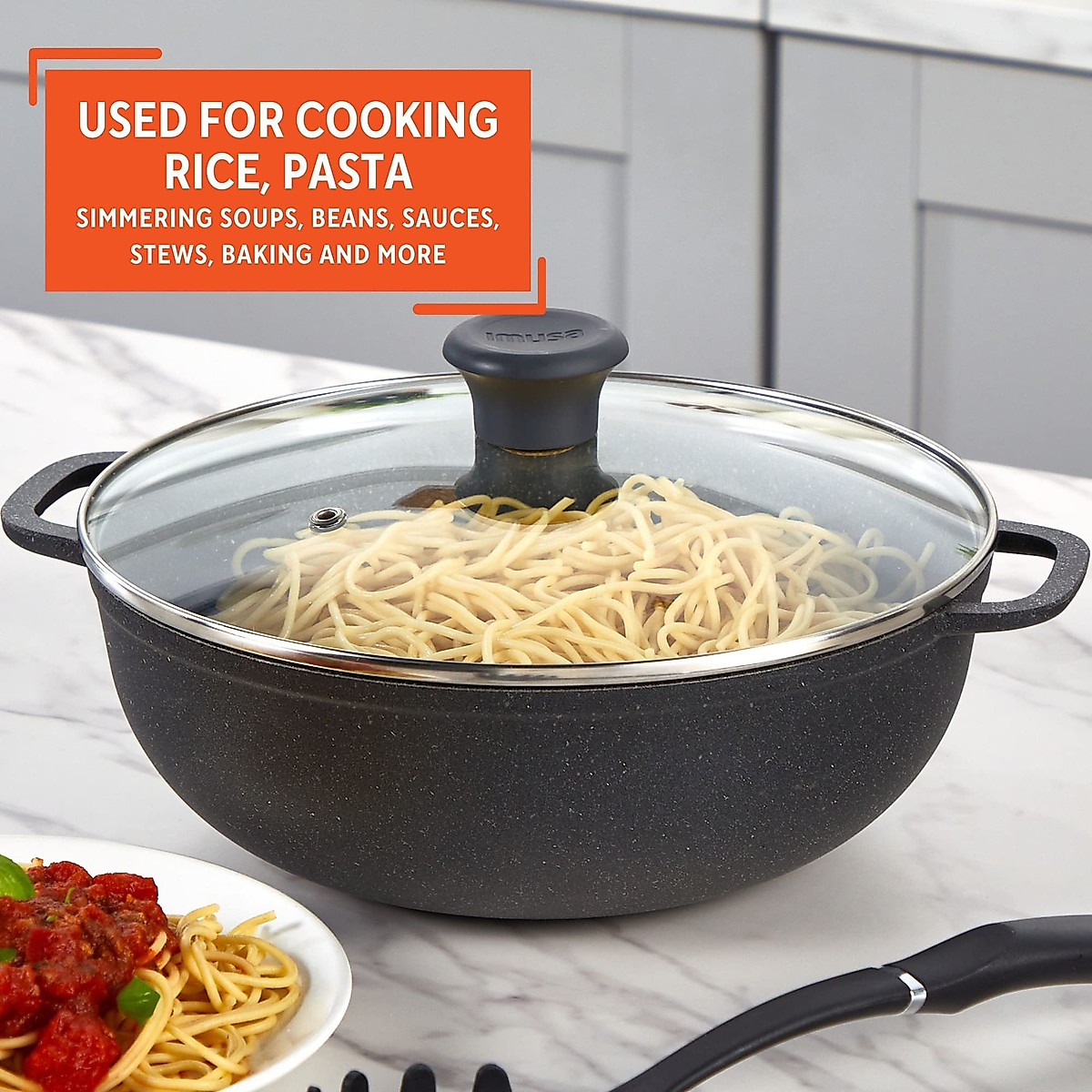 IMUSA 7 Quart Made in Colombia Nonstick Caldero with Glass Lid, Grey