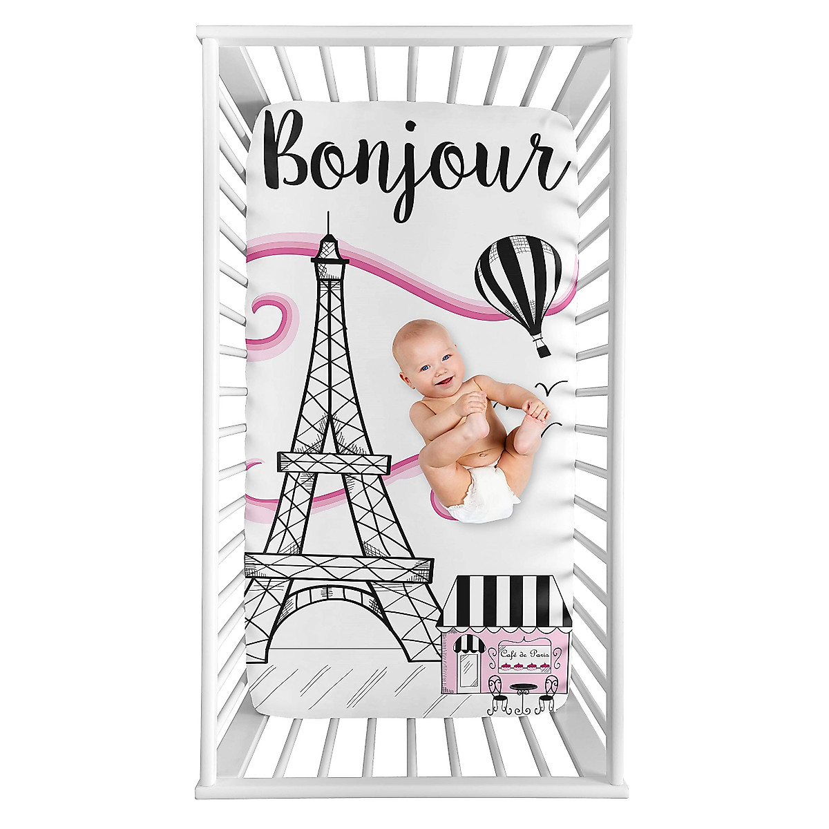 Sweet Jojo Designs Paris Girl Fitted Crib Sheet Baby or Toddler Bed Nursery Photo Op - Hot Pink, Black and White Eiffel Tower Striped Hot Air Balloon