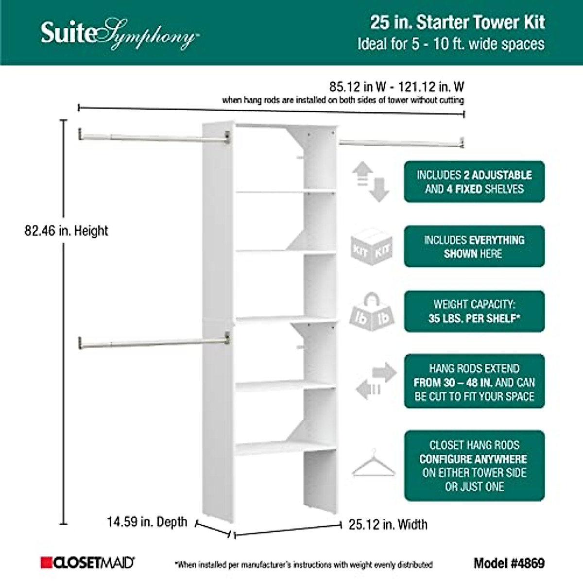 ClosetMaid SuiteSymphony Wood Closet Organizer Starter Kit Tower and 3 Hang Rods, Shelves, Adjustable, Fits Spaces 5 – 10 ft. Wide, Pure White, 25"