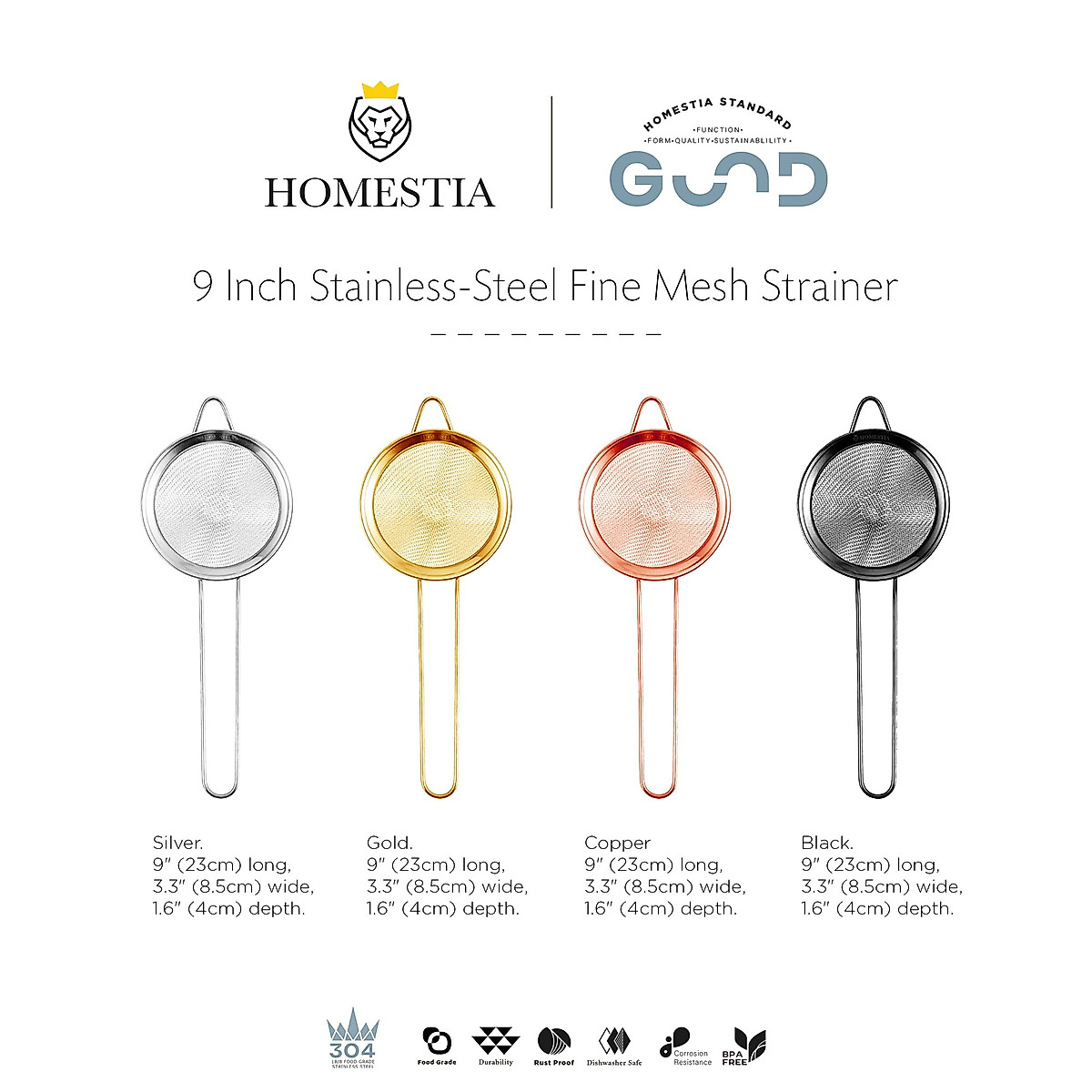 Fine Mesh Sieve Strainer Stainless Steel Cocktail Strainer Food Strainers Tea Strainer Coffee Strainer with Long Handle for Double Straining Utensil 3.3 inch by Homestia