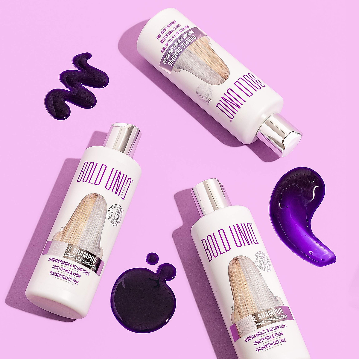BOLD UNIQ Purple Shampoo & Conditioner Duo - Eliminates Brassy Yellow Tones. Lightens Blonde, Platinum, Ash, Silver and Grays. Paraben & Sulfate Free, Vegan and Cruelty Free.
