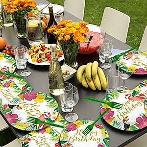 96 Pieces Tropical Birthday Decorations Hawaiian Aloha Party Supplies Tableware Set Disposable Plates Party Plates Napkins Forks for Tropical Theme Baby Shower for Summer Pool Party Favor 24 Guests