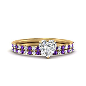 Jewelryonclick Pave Petite Ring with Matching Wedding Band Yellow Gold Plated Natural Amethyst Heart Shape Purple Color Wedding Ring Sets Pave Setting in Size 5 Fashion Jewelry