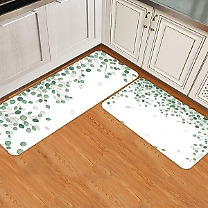 Kitchen Mat Set of 2 Anti-Fatigue Kitchen Rug, Watercolor Green Eucalyptus Nature Non-Slip Kitchen Mats and Rugs, Kitchen Doormat Runner Rug for Floor Home Office Sink Laundry, Spring Plant Green Leaf