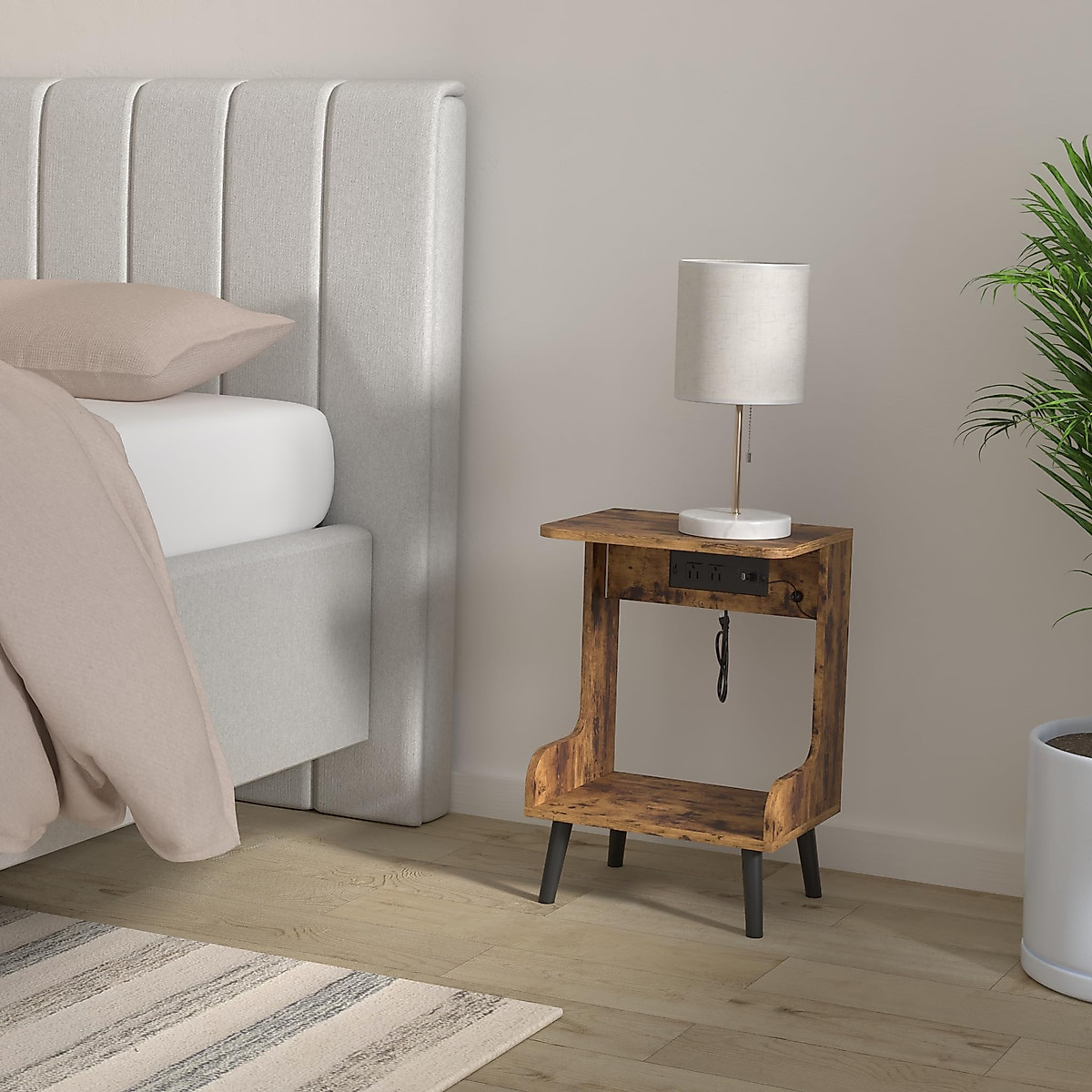 GYIIYUO Night Stands Set of 2 with Charging Station and Led Lights, Solid Wood Side Table with USB Ports and Outlets, Unique End Tables, for Bedroom, Rustic Brown