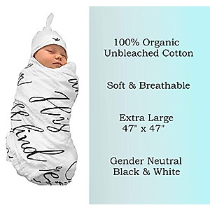Under His Wings Muslin Swaddle & Bonus Baby Hat with Scripture Quote (Psalm 91) - 100% Organic Unbleached Cotton - Swaddle/Blanket is a Unique Shower & Baptism Gift -